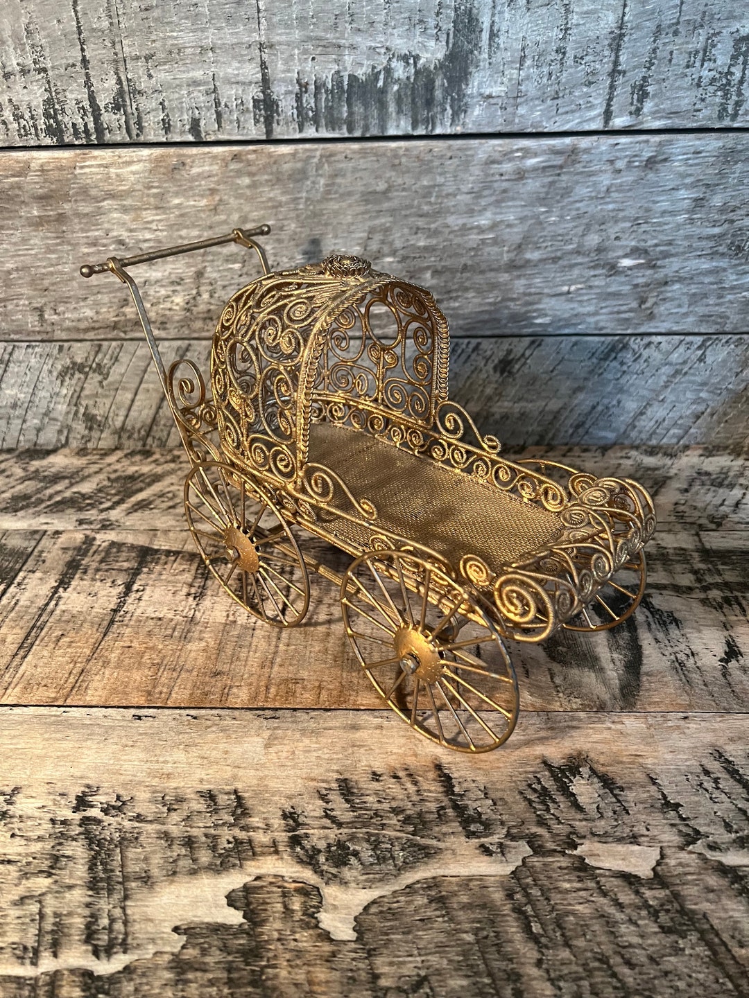 Gold Metal Doll Buggy Stroller Baby Carriage Display W Baby by Roman ...