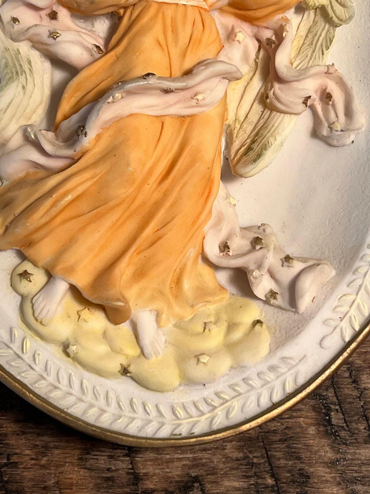 Vintage Angel Oval Shape Wall Plaque Playing Violin 3D Relief Ceramic ...