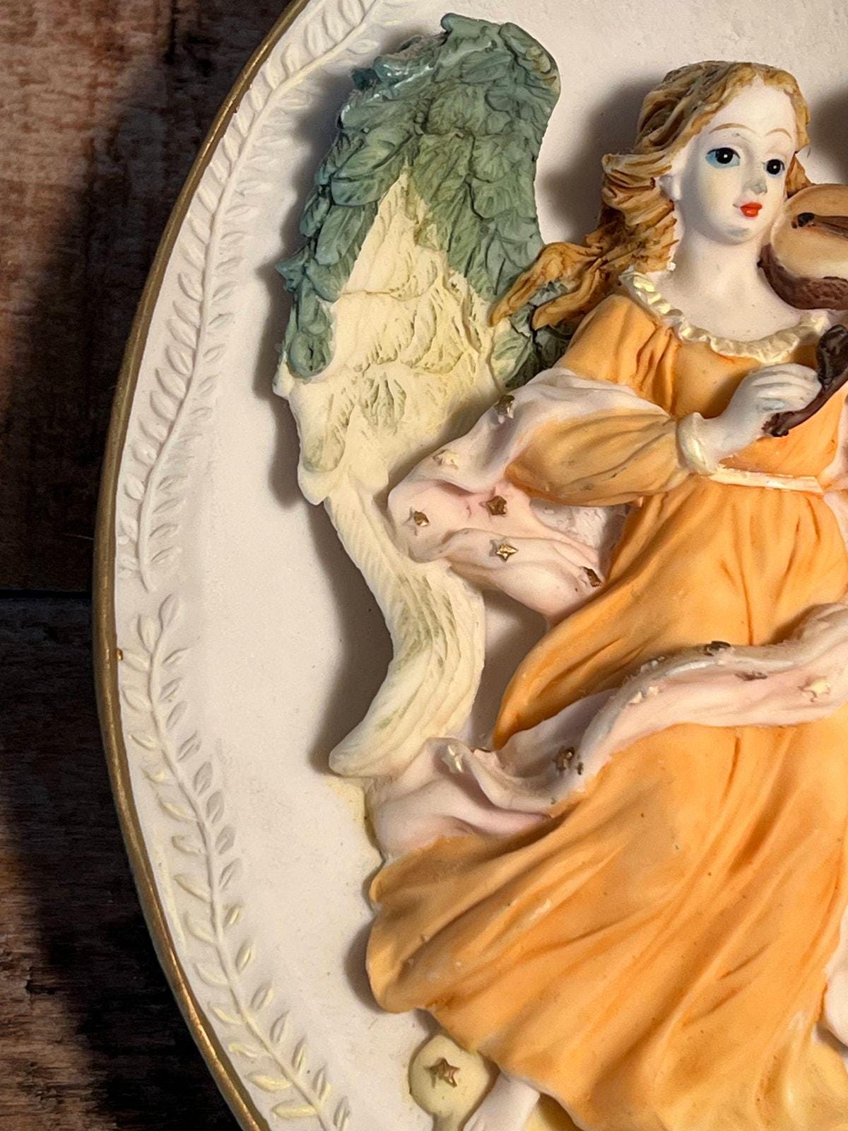 Vintage Angel Oval Shape Wall Plaque Playing Violin 3D Relief Ceramic ...