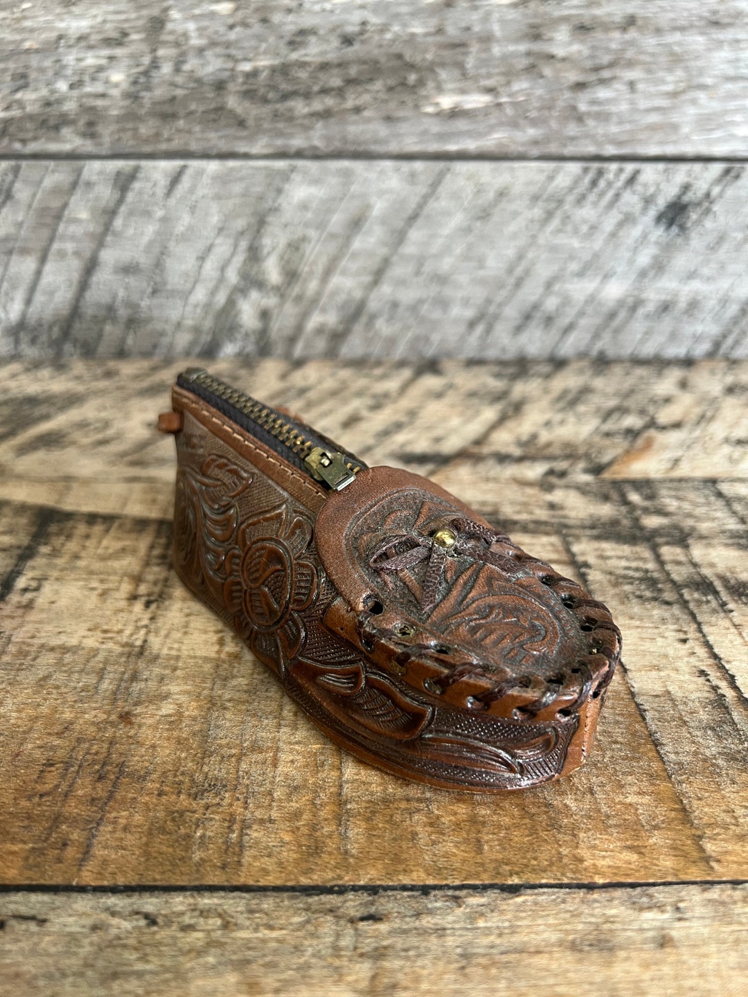 Vintage Tooled Leather Western Mocassin Shoe Change Coin Purse Mexico 5 ...