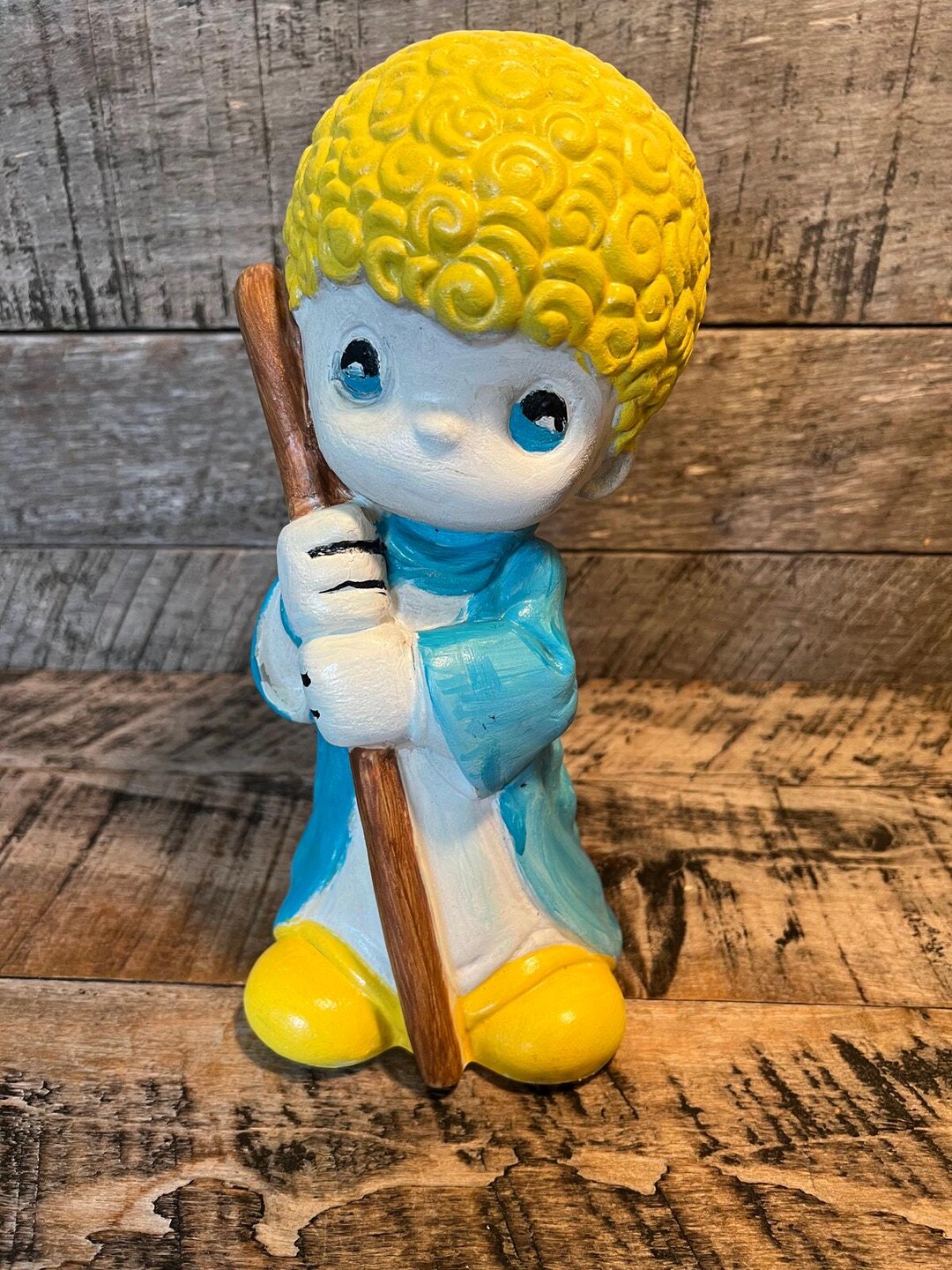 Vtg Ceramic Resin Shepherd Boy Figurine Blue Robe Yellow Hair Religious ...