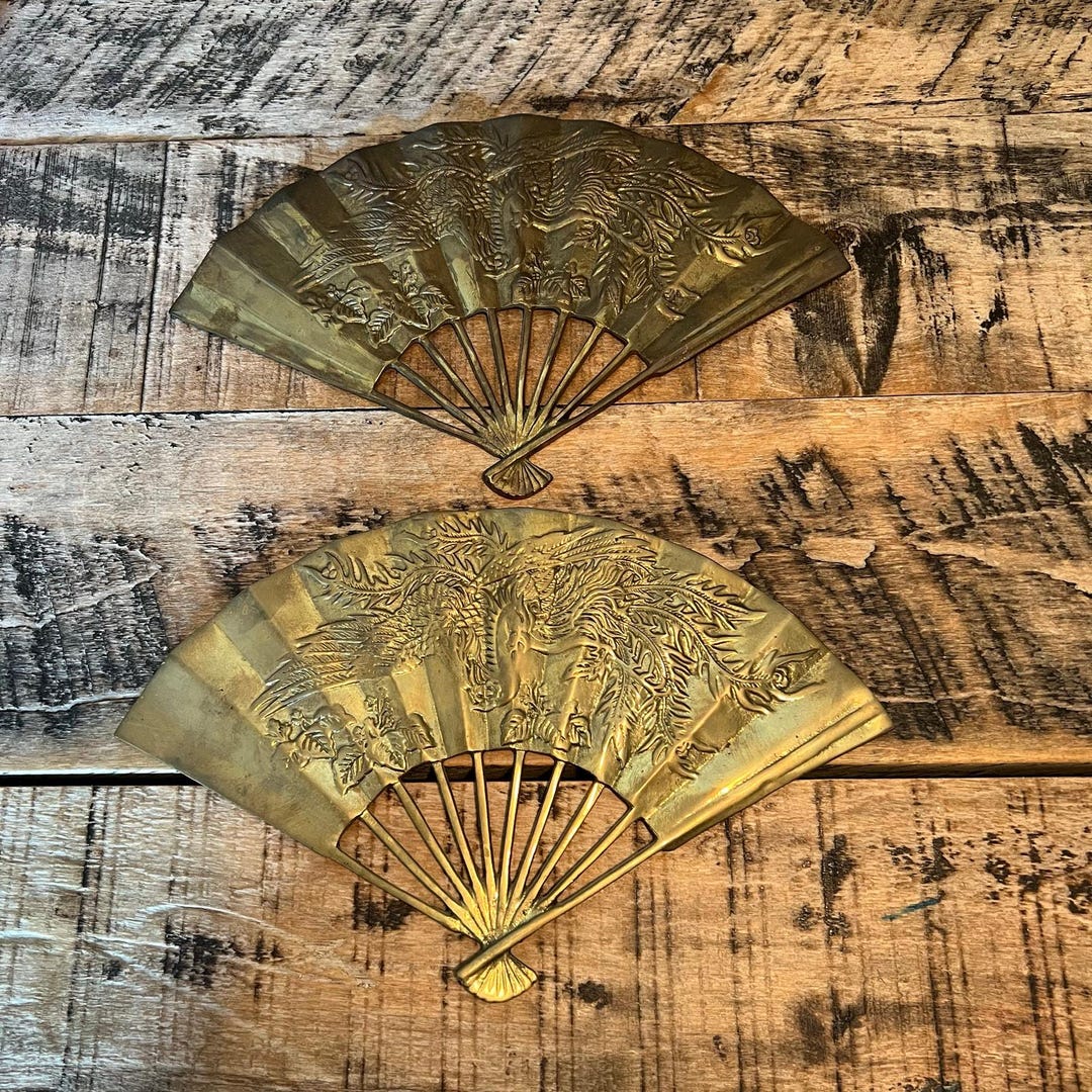 Vtg Brass Etched Wall Fan Pair Rustic Gold Folding Fans Vintage Home ...