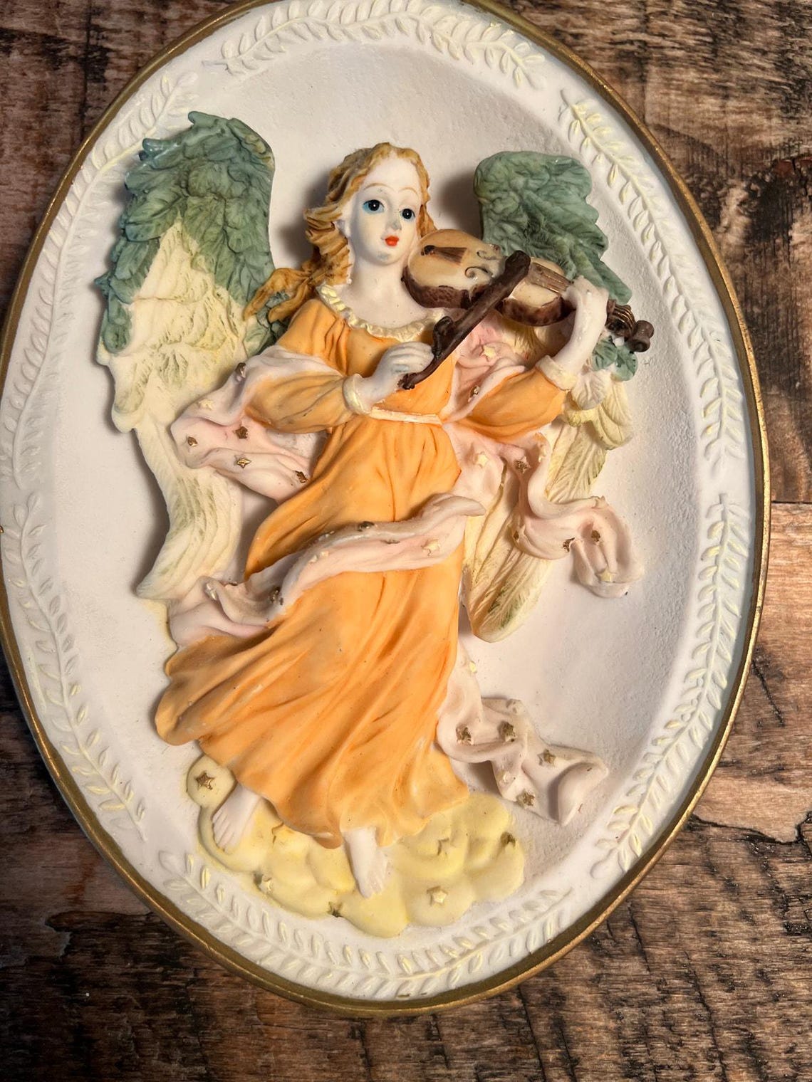 Vintage Angel Oval Shape Wall Plaque Playing Violin 3D Relief Ceramic ...