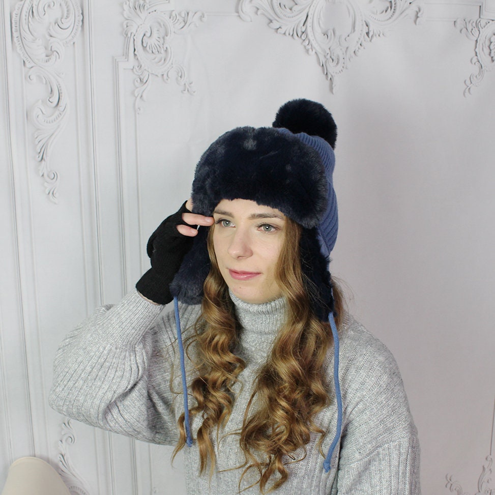 Earflap Women Hat Faux Fur Beanie Windproof Pom Pom Hat - Etsy