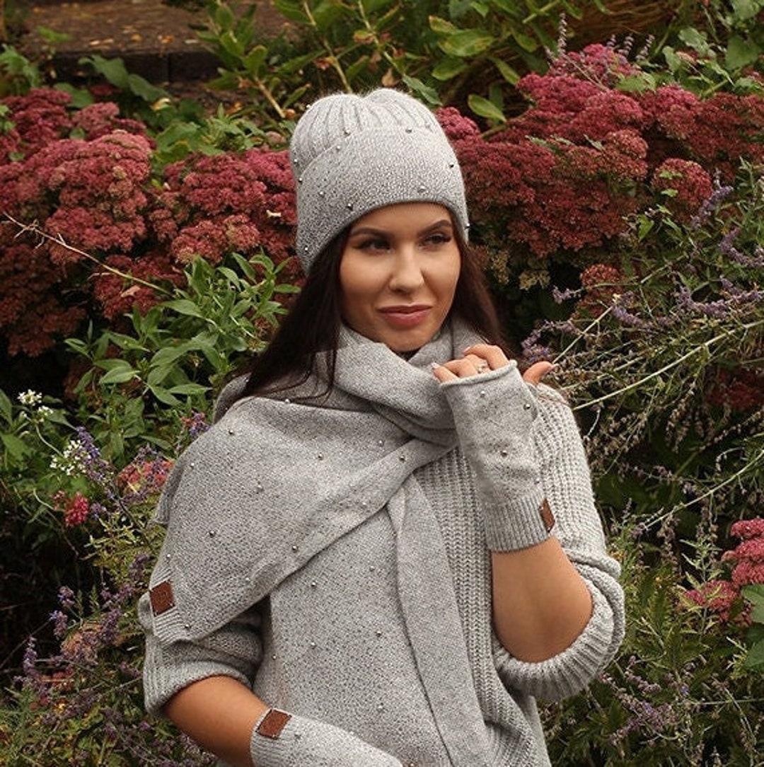 Cashmere Set: Hat, Gloves, Scarf Faux Fur Pom Pom Beanie, Knit Set ...