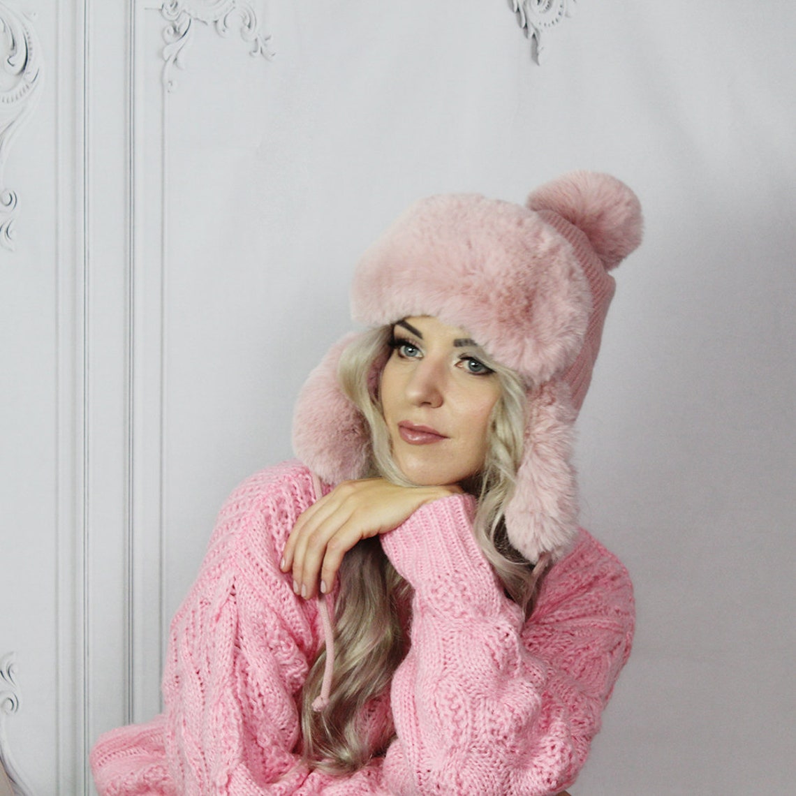 Earflap Women Hat Faux Fur Beanie Windproof Pom Pom Hat - Etsy