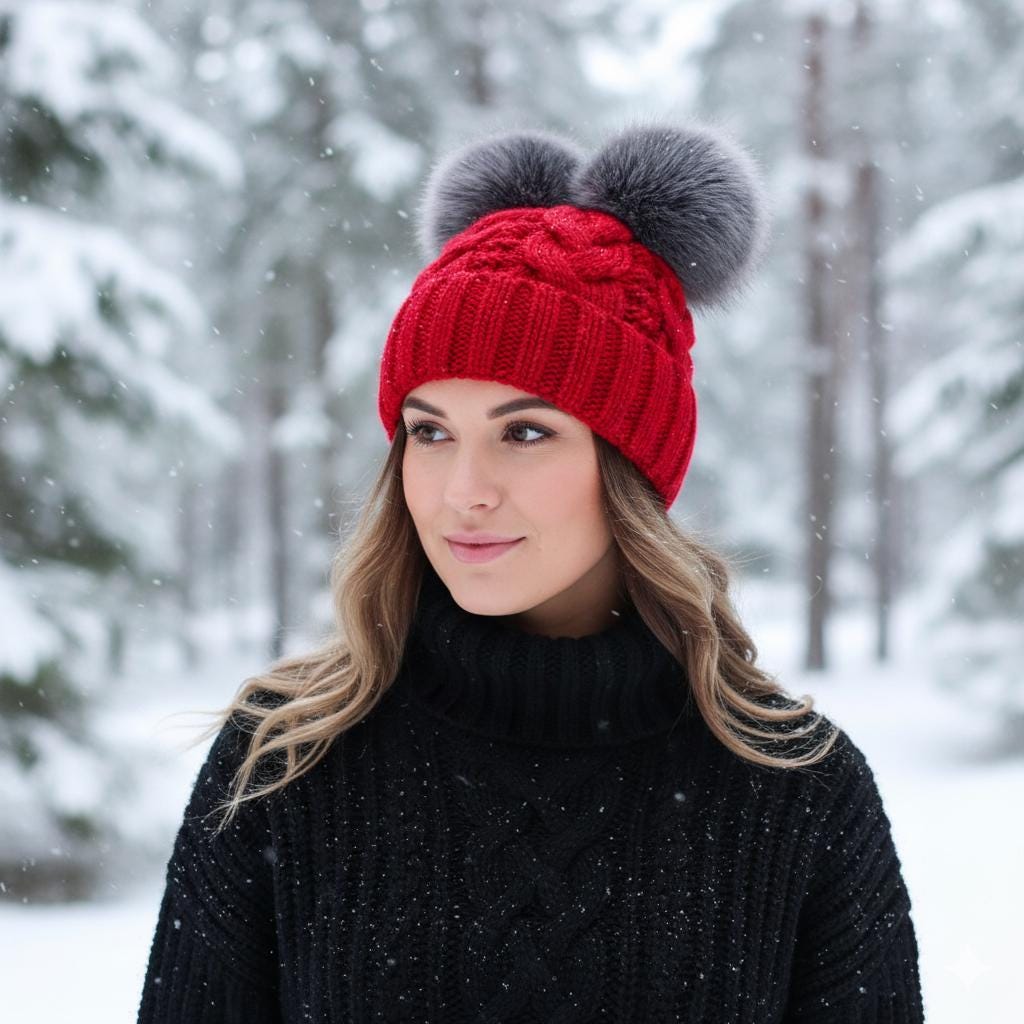 Women’s Double Pom Pom Winter Hat – Fleece-lined Wool Beanie, Windproof ...