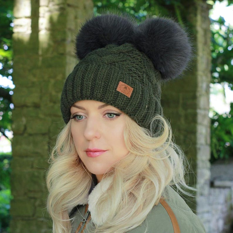 Women’s Double Pom Pom Winter Hat – Fleece-lined Wool Beanie, Windproof ...