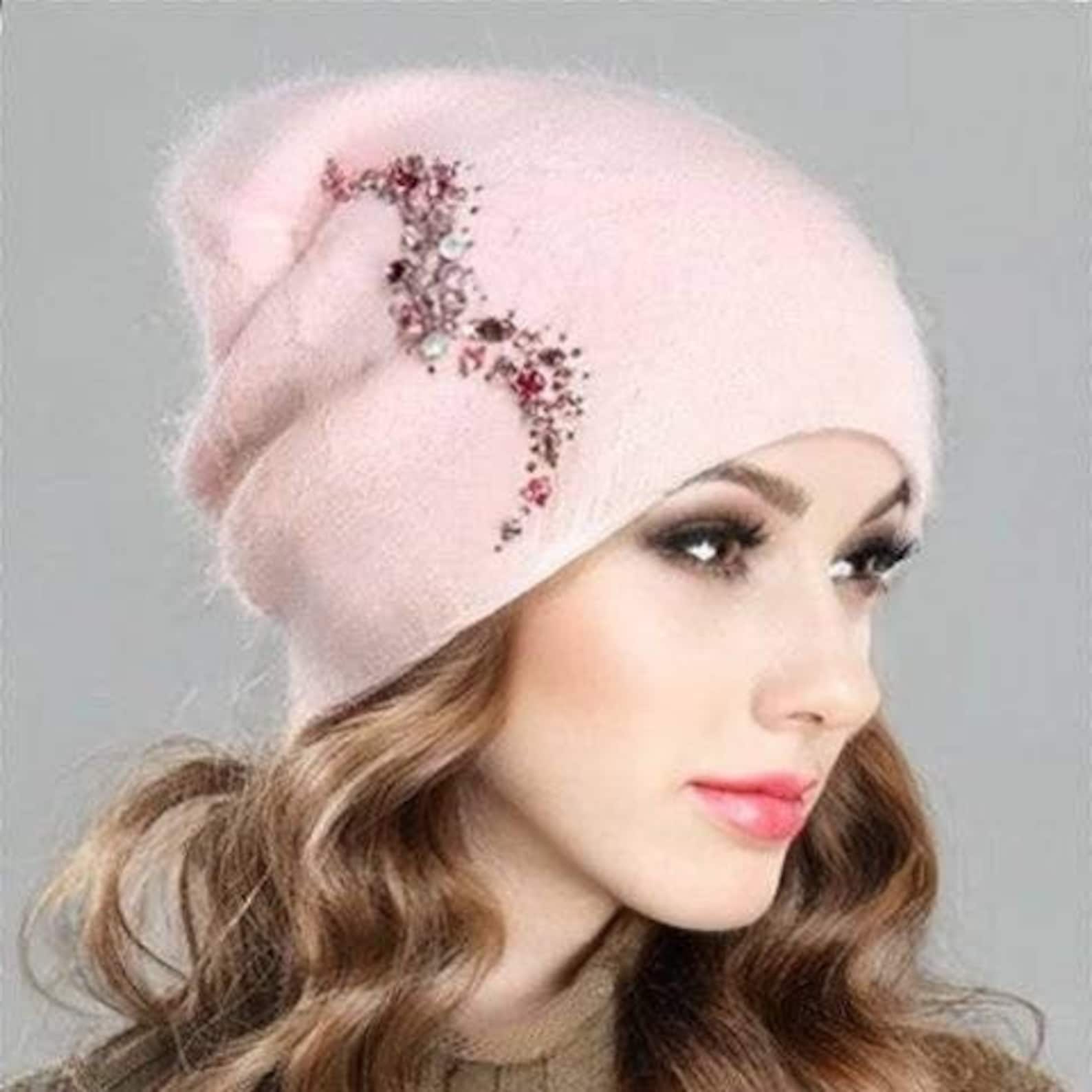 Crystal Embroidered Hat, Angora Wool Womens Beanie, Double Layer ...