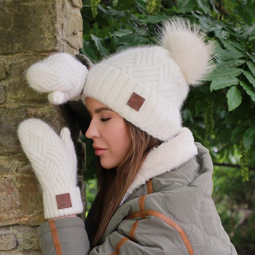 Cashmere Hat and Mittens Set for Women – Warm Winter Beanie With Faux ...