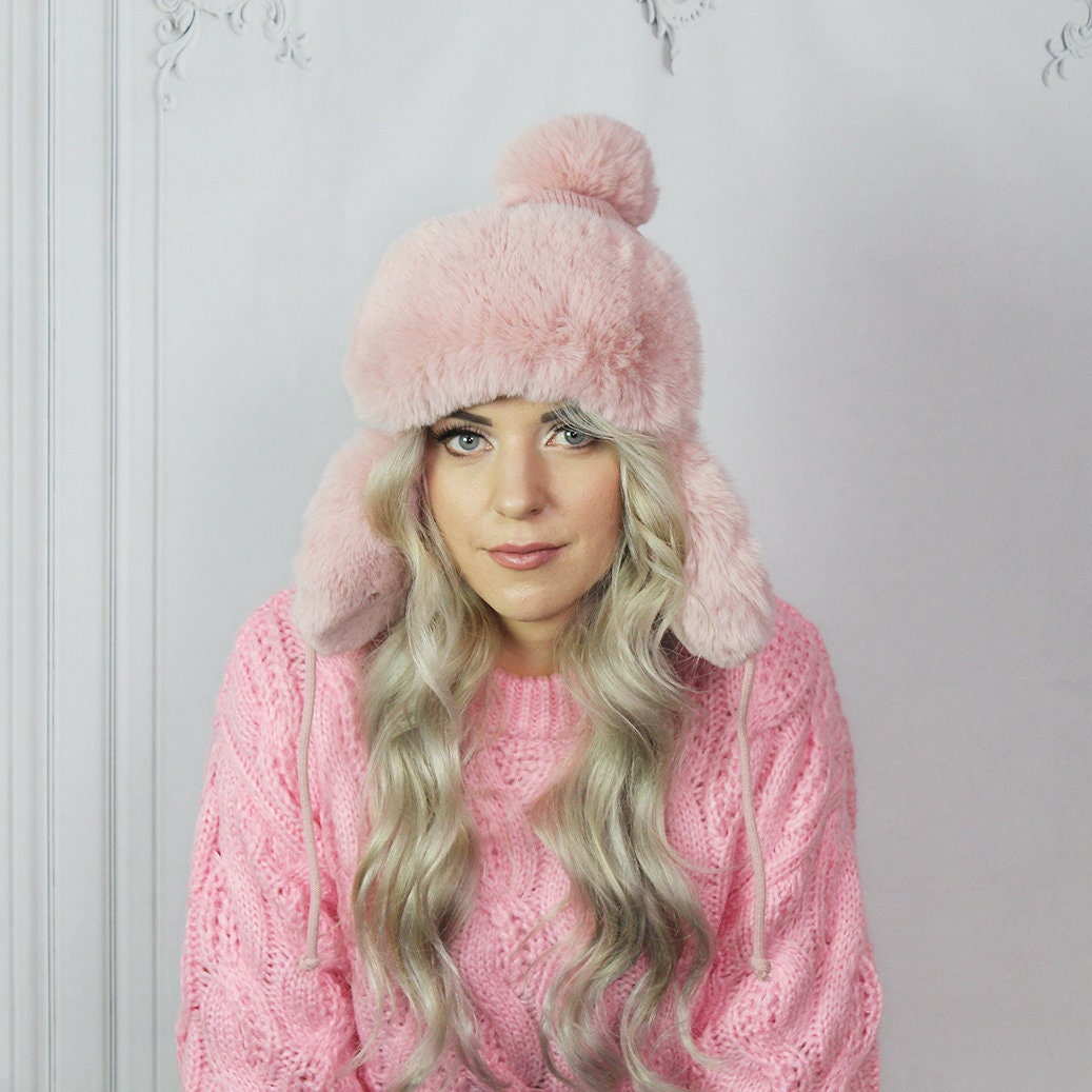 Earflap Women Hat Faux Fur Beanie Windproof Pom Pom Hat - Etsy