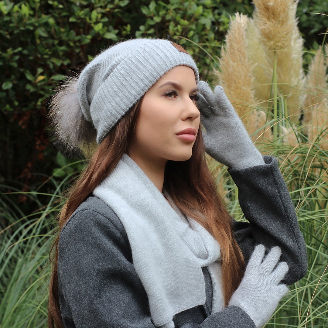 Cashmere Set for Wome's: Hat, Gloves, Scarf, Cashmere Fox Fu Pom Pom ...