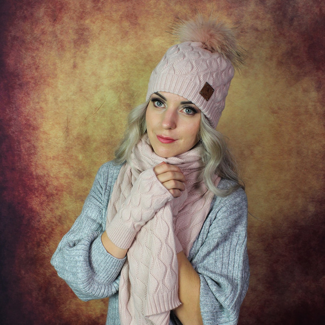 Cashmere Hat, Scarf and Mittens Set, Women Winter Beanie, Cashmere Knit Fingerless, Gift for Her ...