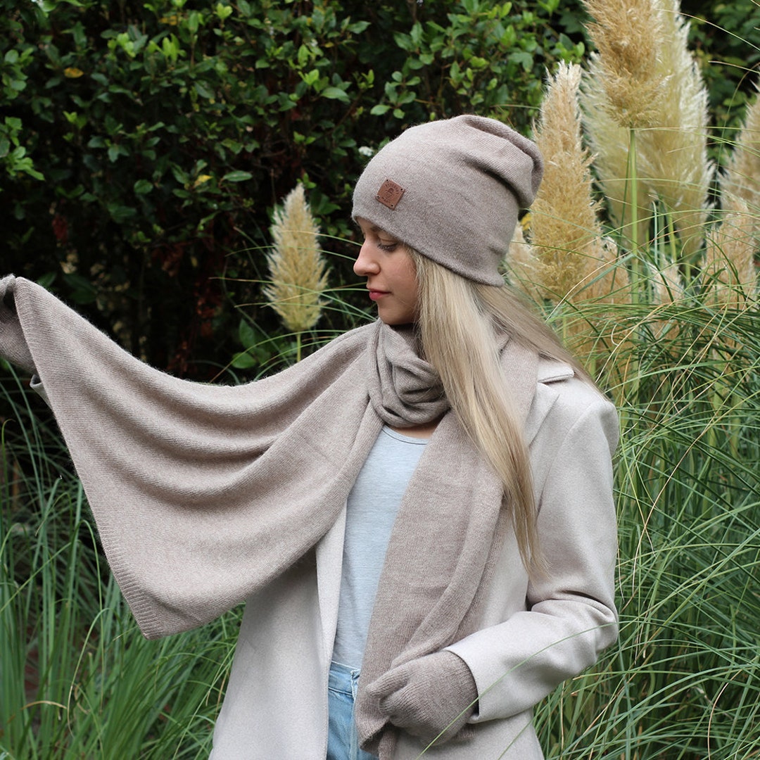 Women's Cashmere Set: Hat, Gloves, Scarf, Cashmere Slouchy Beanie, Knit ...