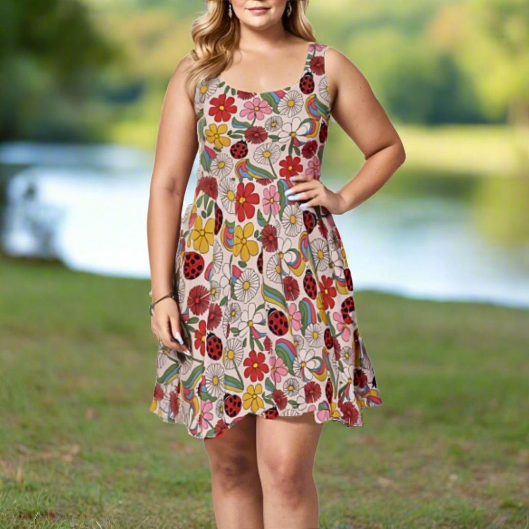 Retro Ladybug Floral Skater Dress, 70s-inspired Sleeveless Fit & Flare ...