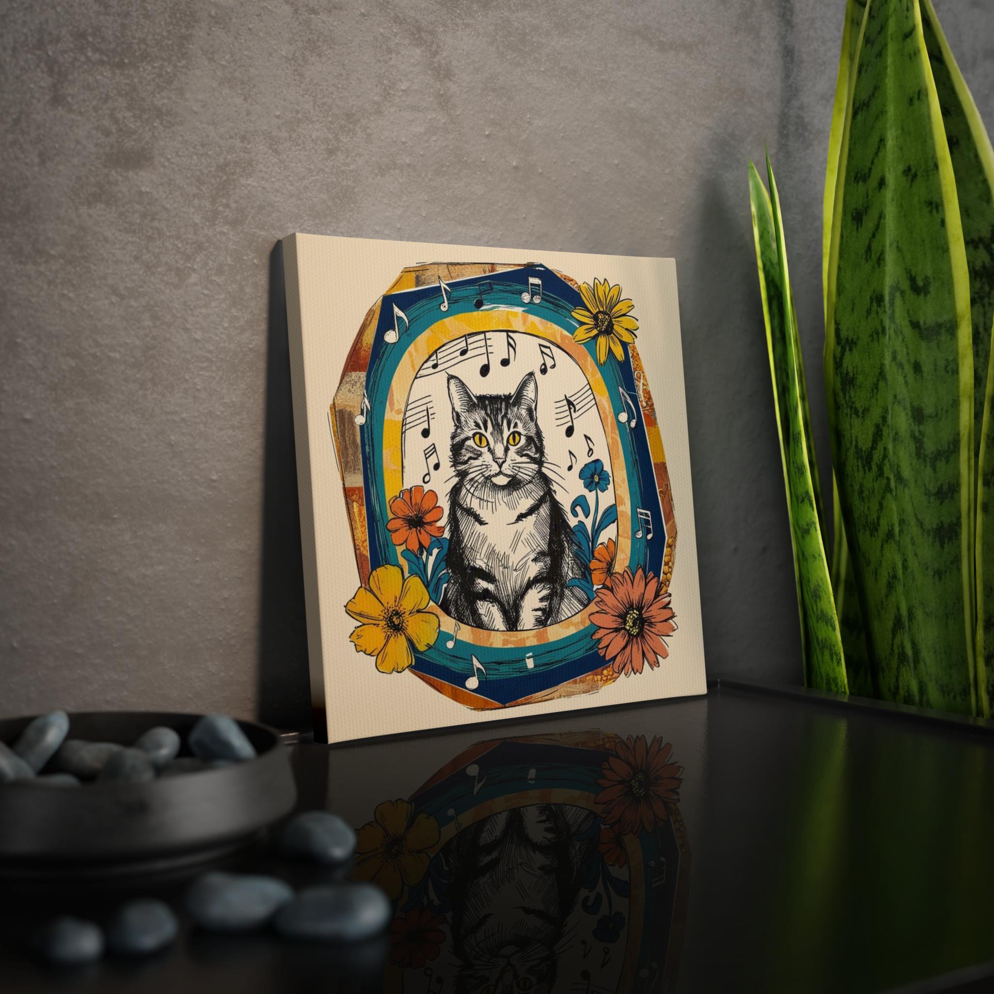 Musical Cat Sticky Tile - 8x8 Adhesive Wall Art With Floral Frame ...