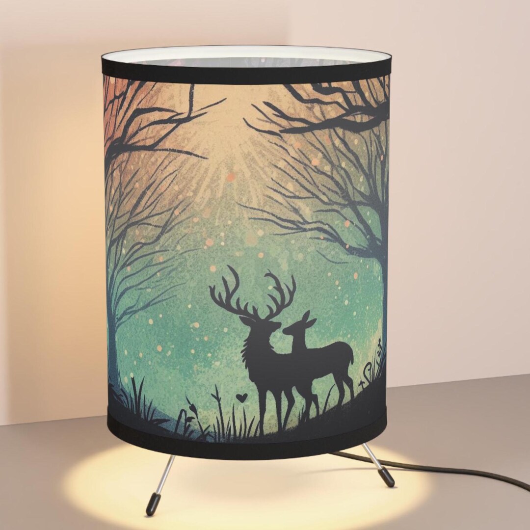 Silhouetted Doe and Stag Tripod Table Lamp Forest at Dawn Design With ...
