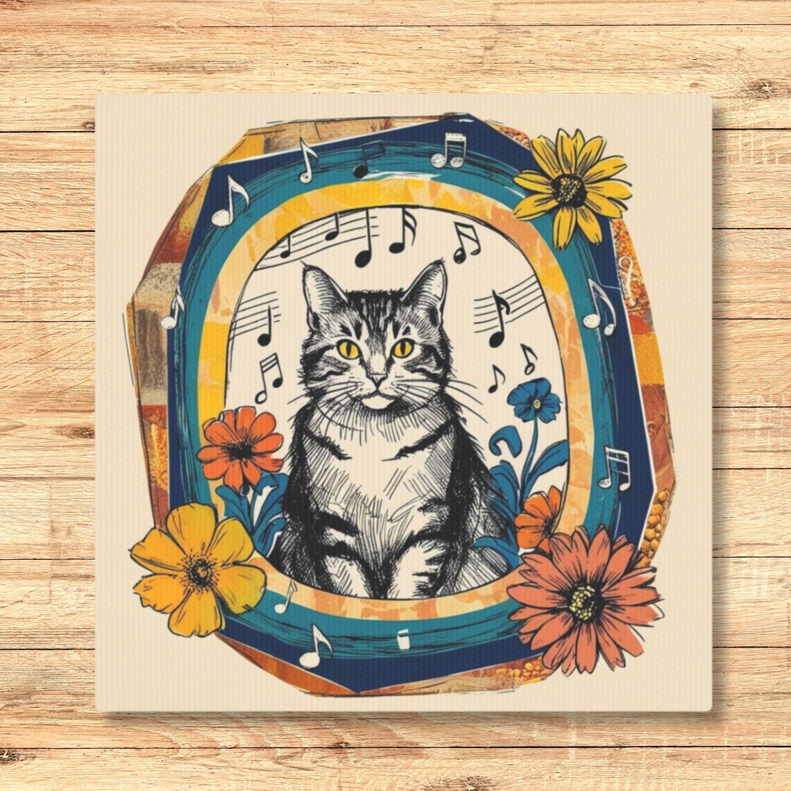 Musical Cat Sticky Tile - 8x8 Adhesive Wall Art With Floral Frame ...