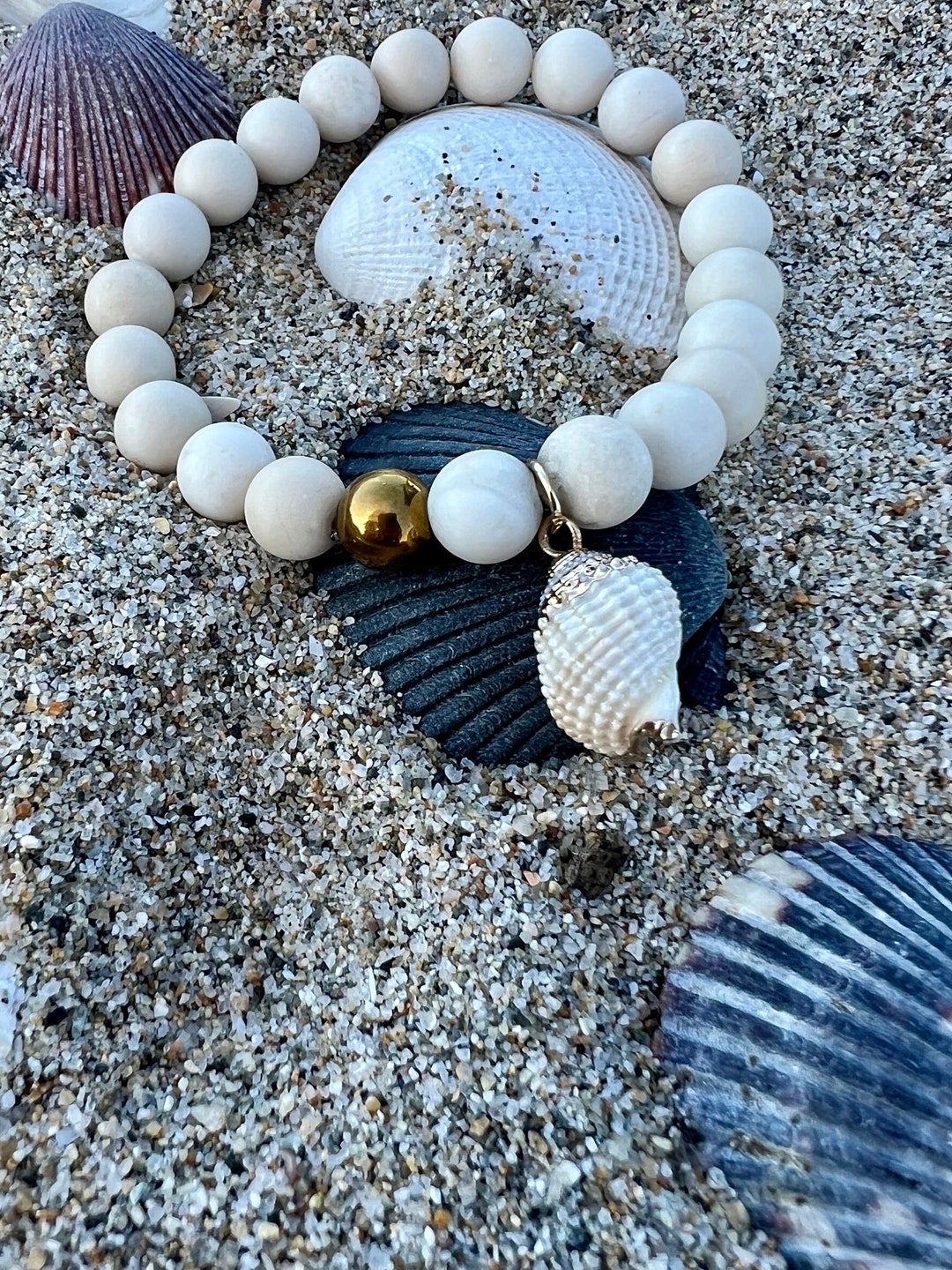 Off White Shell Bracelet, Gold Accent Bracelet, Natural Stone Bracelet, Gemstone Bracelet, Sea ...