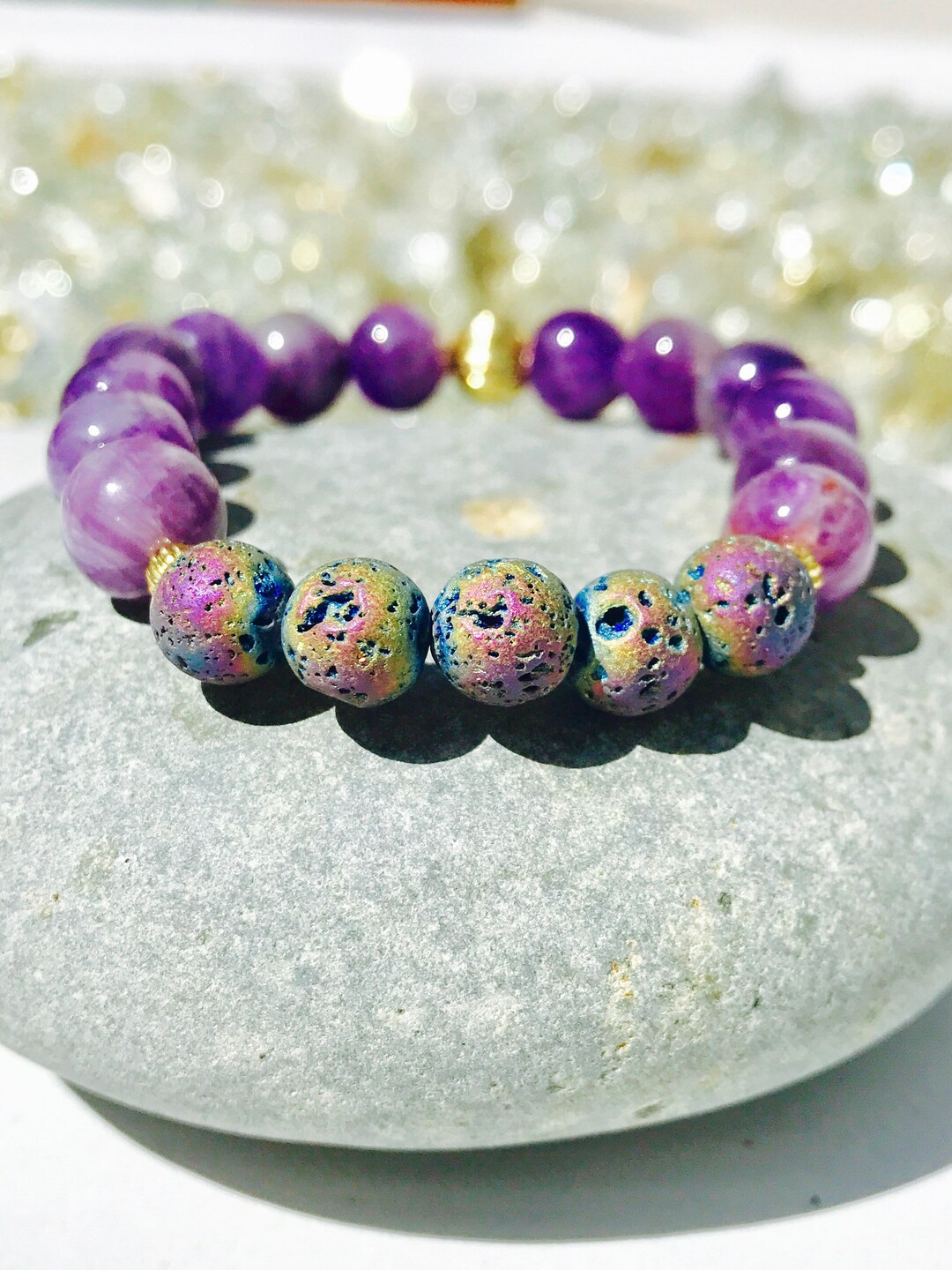 Purple Amethyst and Multicolor Lava Rock Aromatherapy Diffuser Bracelet ...