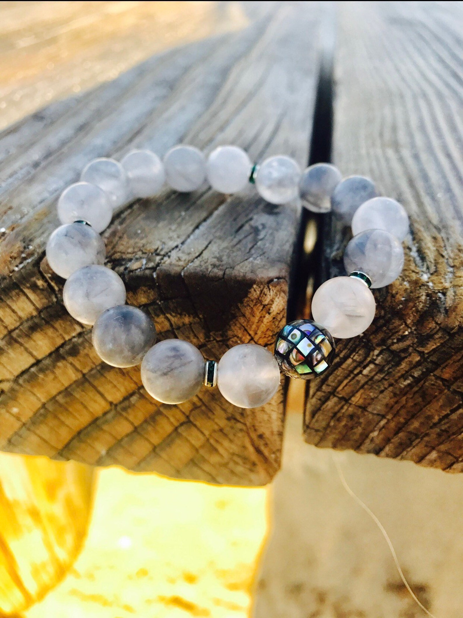 Grey quartz beaded bracelet Abalone mosaic round shell bead | Etsy