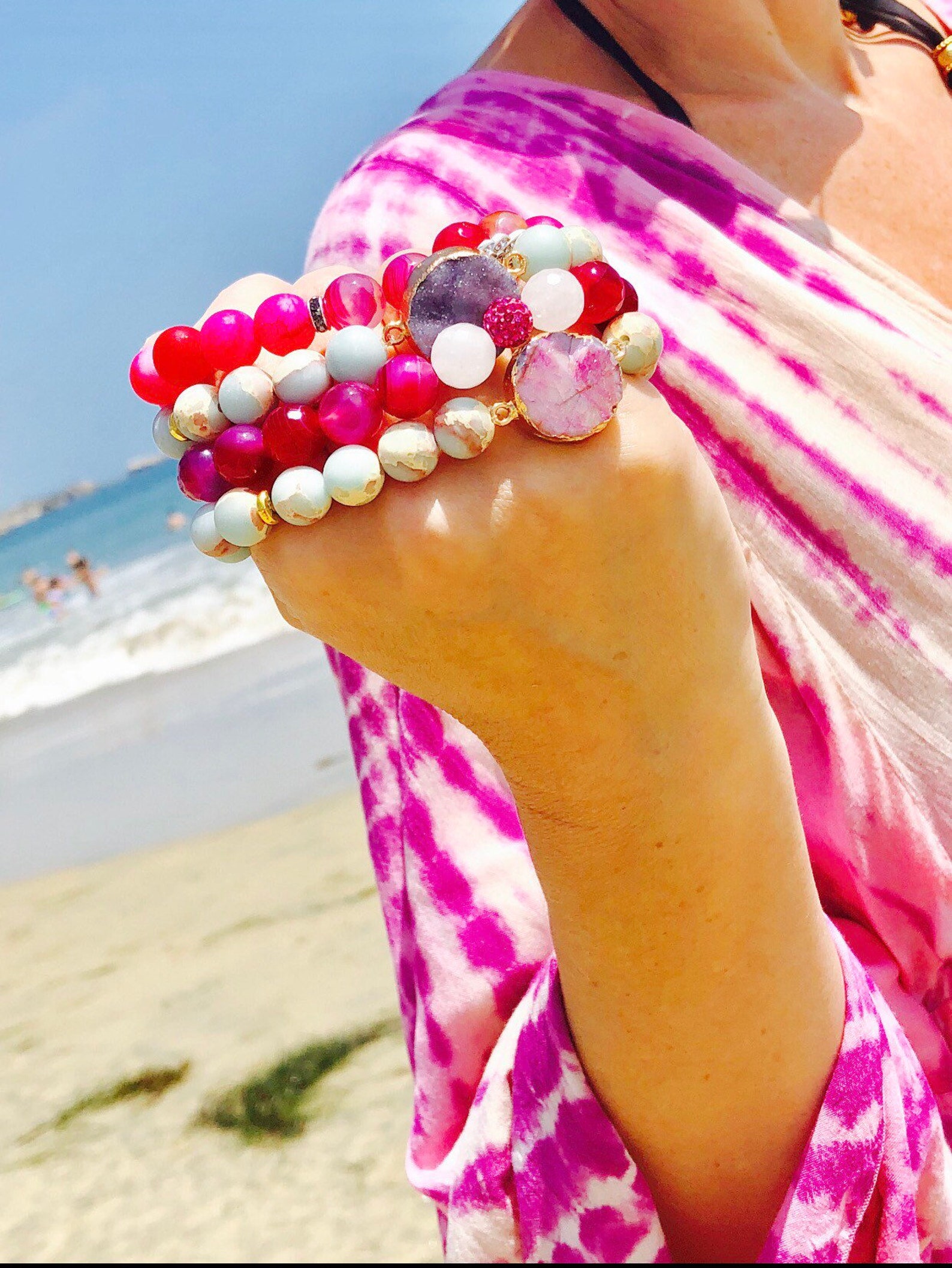 Pink Beaded Bracelet Gemstone Bracelet Silver Plated Angle - Etsy