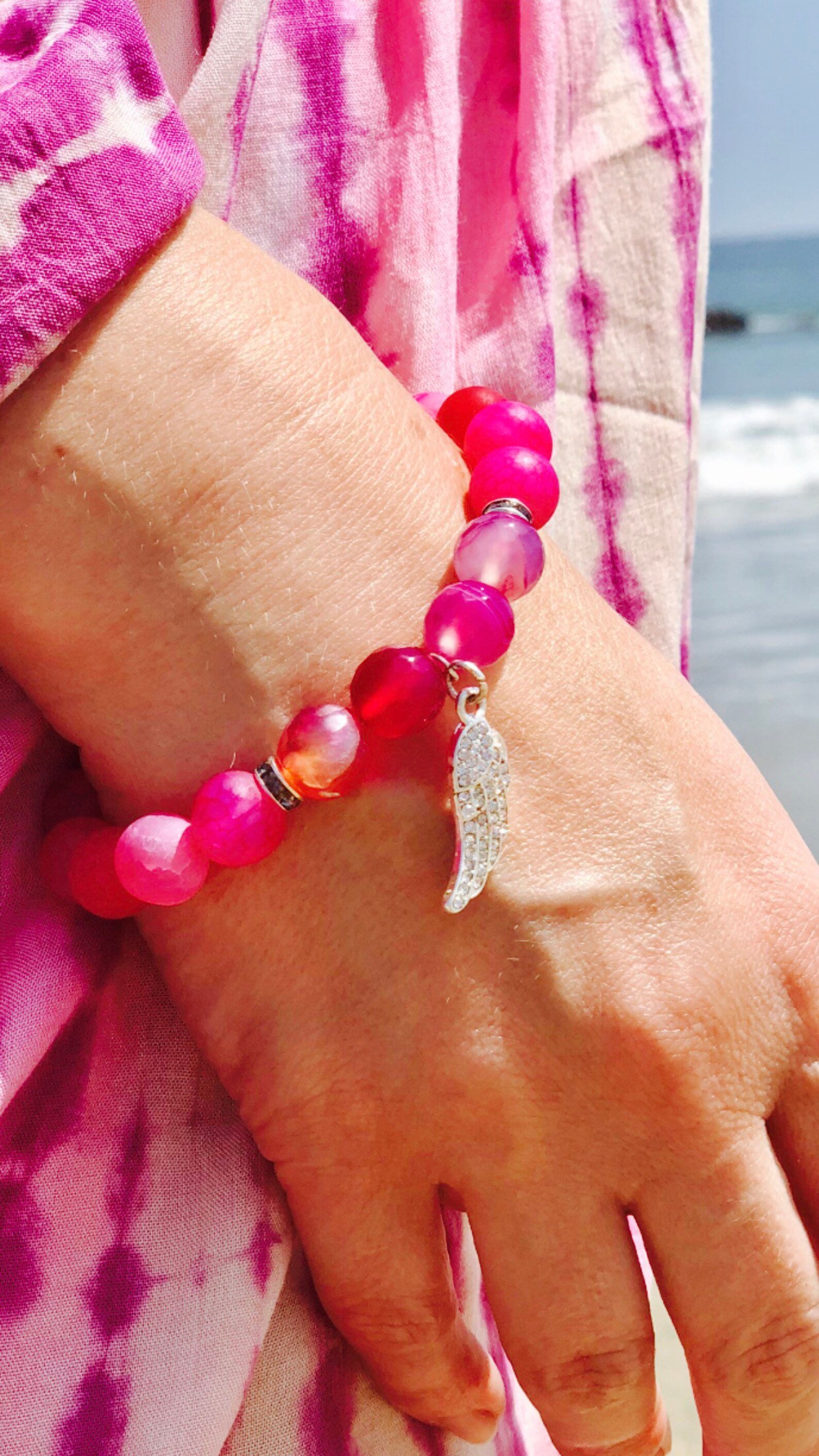 Pink Beaded Bracelet Gemstone Bracelet Silver Plated Angle - Etsy