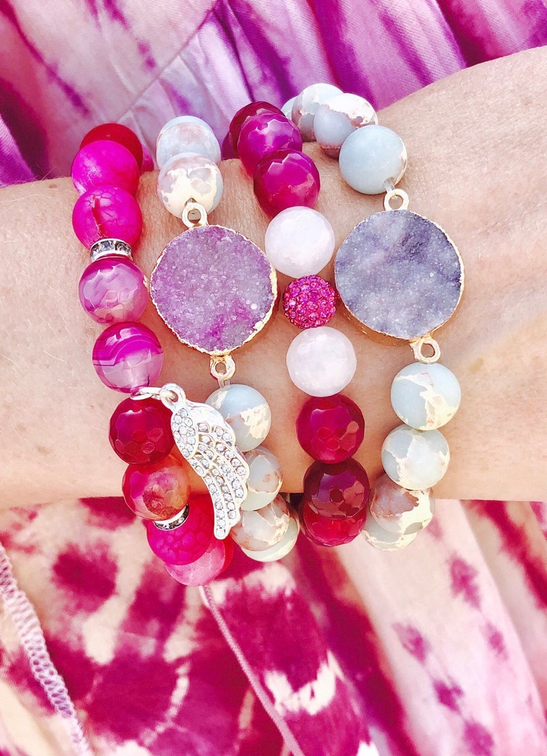 Pink Beaded Bracelet Gemstone Bracelet Silver Plated Angle - Etsy