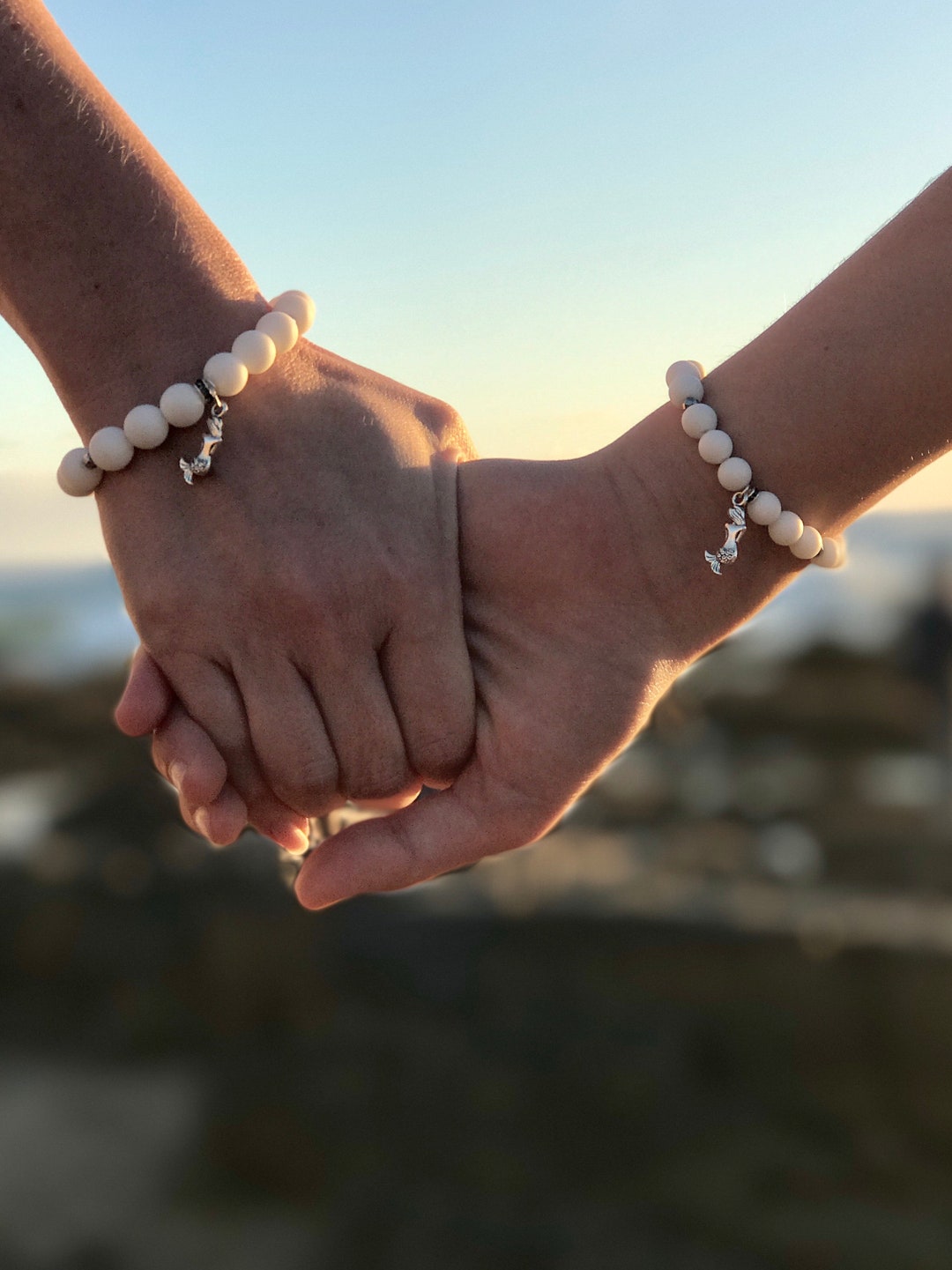 Set of Two, White Alabaster Beaded Bracelet Set, Mother and Daughter ...