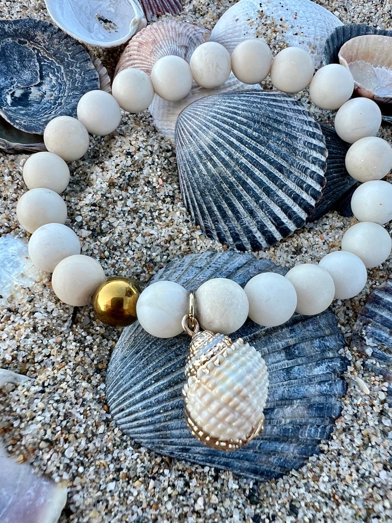 Off White Shell Bracelet, Gold Accent Bracelet, Natural Stone Bracelet ...