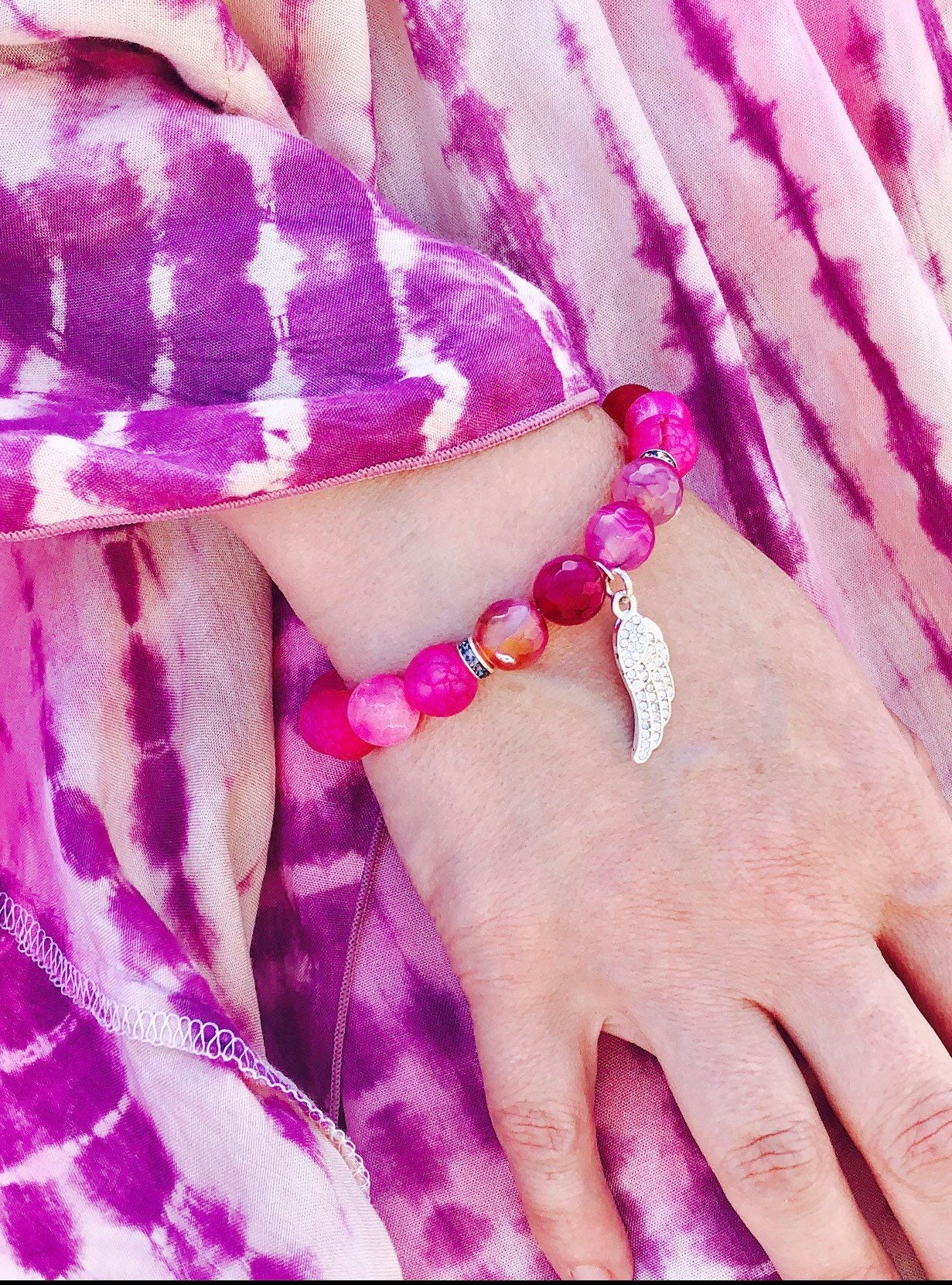 Pink Beaded Bracelet Gemstone Bracelet Silver Plated Angle - Etsy