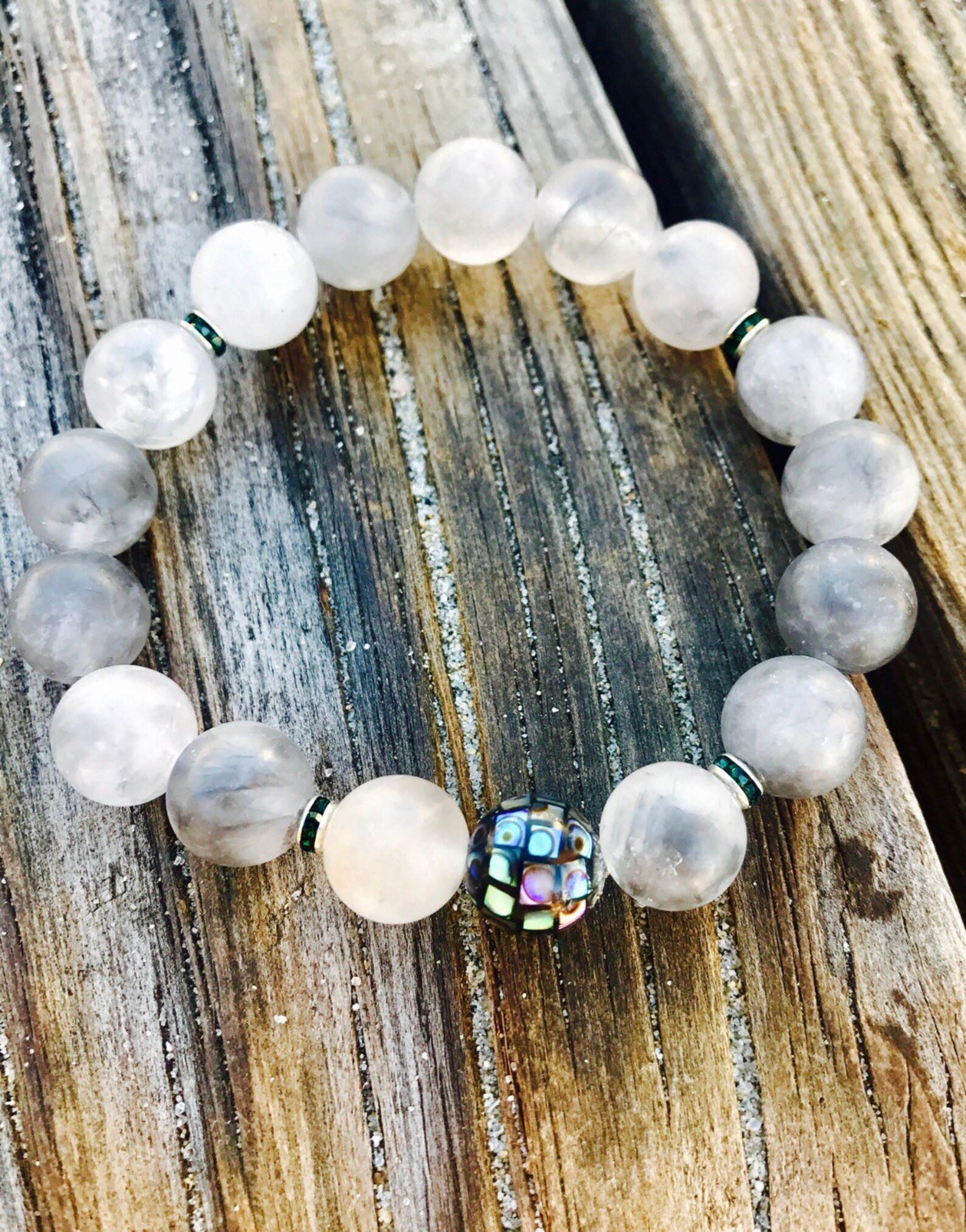 Grey quartz beaded bracelet Abalone mosaic round shell bead | Etsy