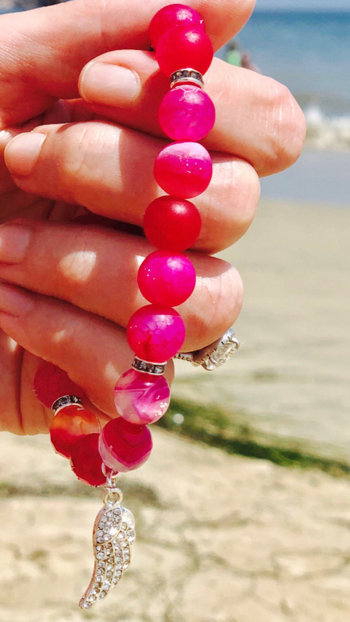 Pink Beaded Bracelet Gemstone Bracelet Silver Plated Angle - Etsy