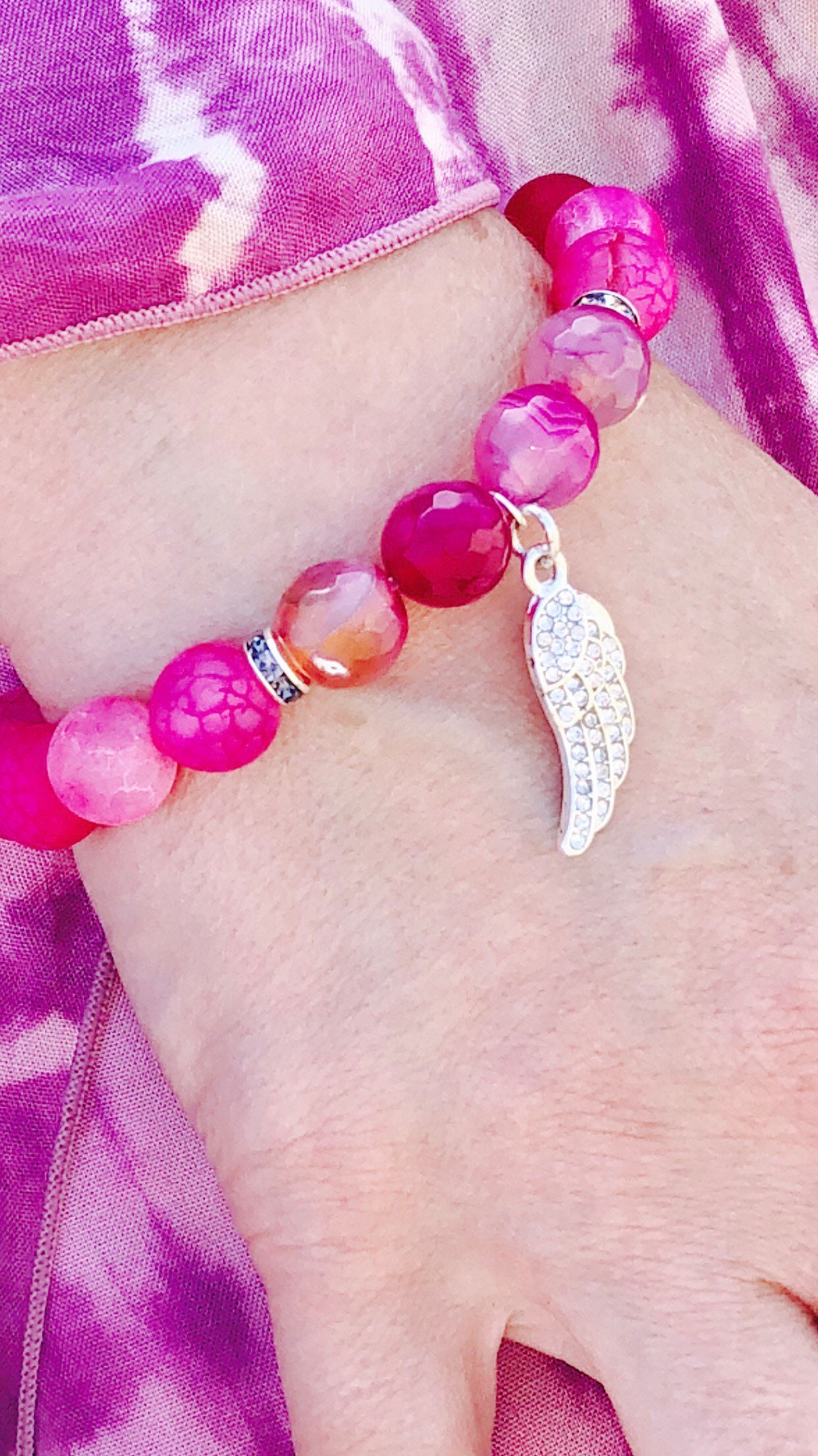 Pink Beaded Bracelet Gemstone Bracelet Silver Plated Angle - Etsy