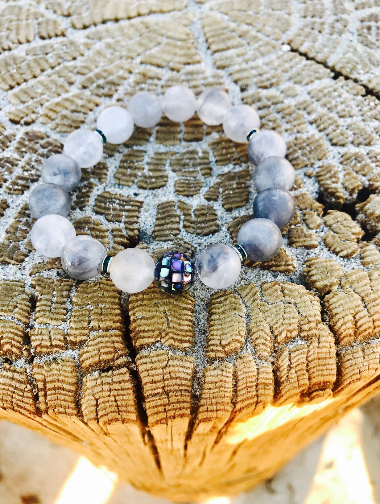 Grey quartz beaded bracelet Abalone mosaic round shell bead | Etsy