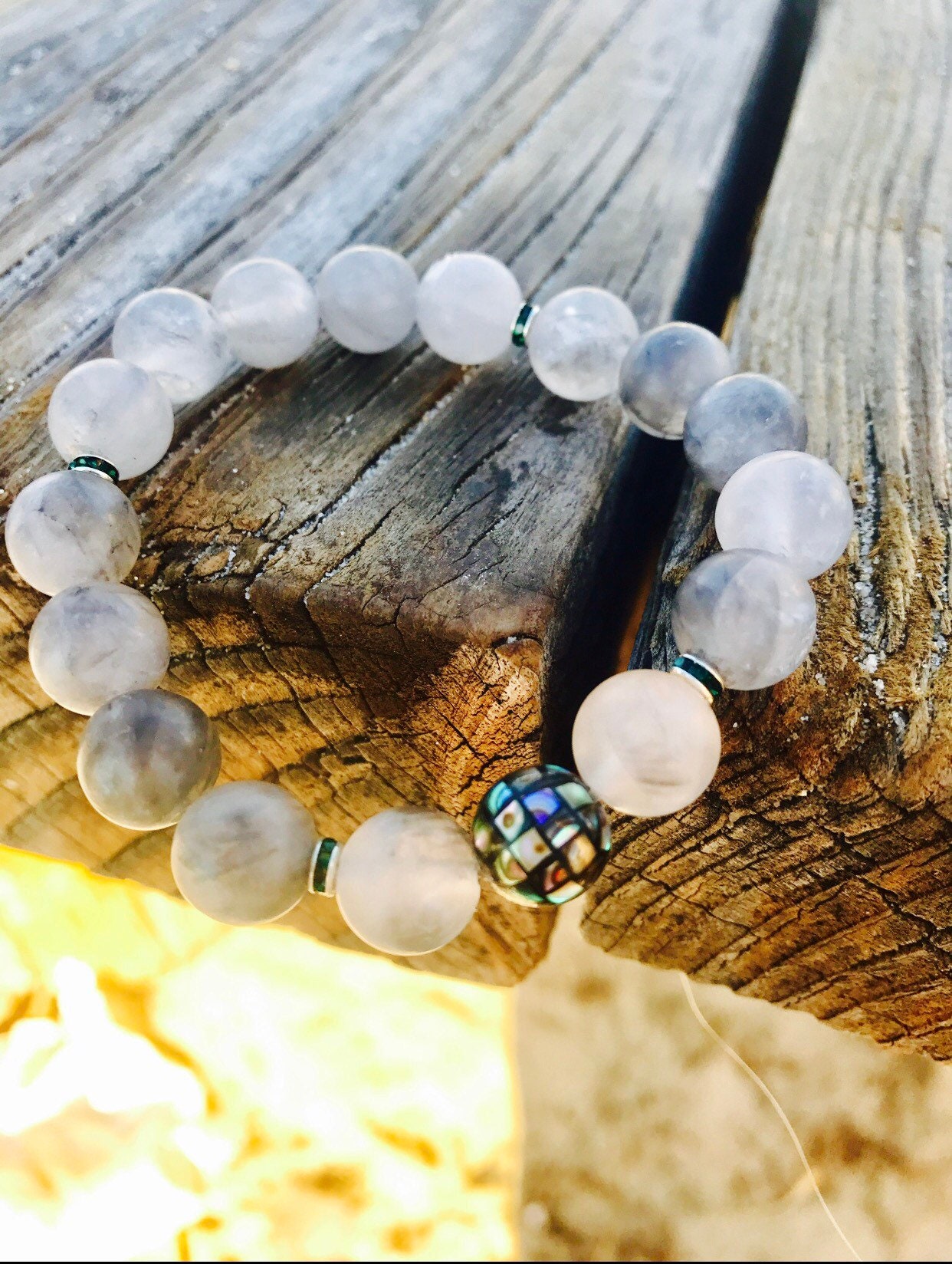 Grey quartz beaded bracelet Abalone mosaic round shell bead | Etsy