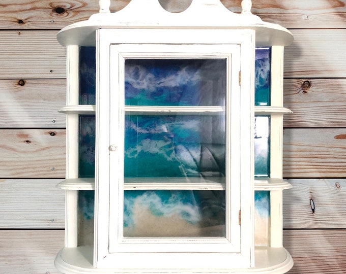 Coastal Inspired Curio Cabinet White Distress 3 Shelf Tropical Display ...
