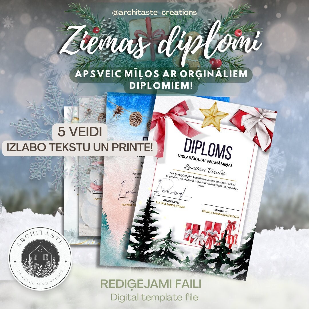 DIPLOMS Ziemassvētku Svinībām Rediģējams Fails 5 Dizaini - Etsy
