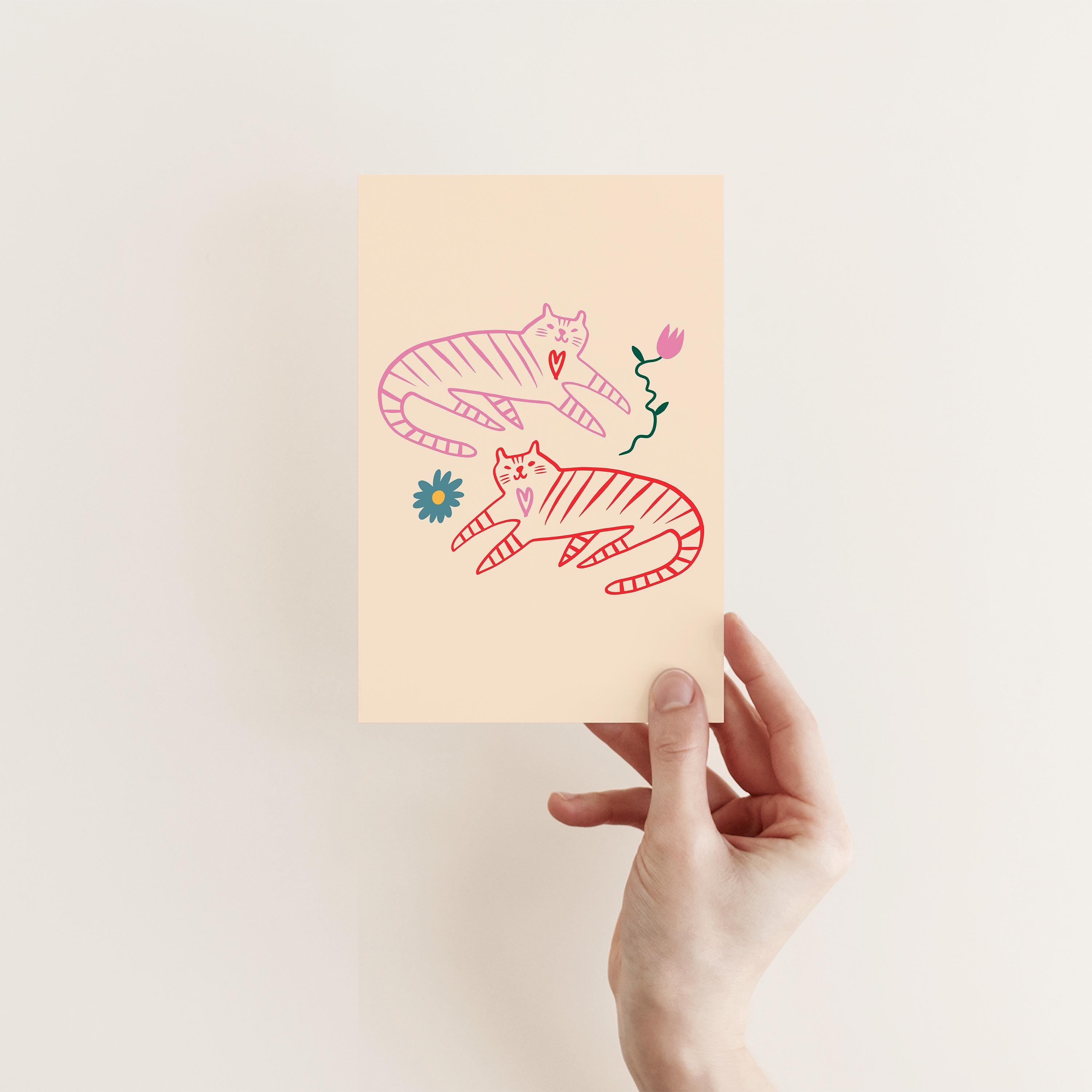 Sweet Cat Line Drawing Card - Etsy