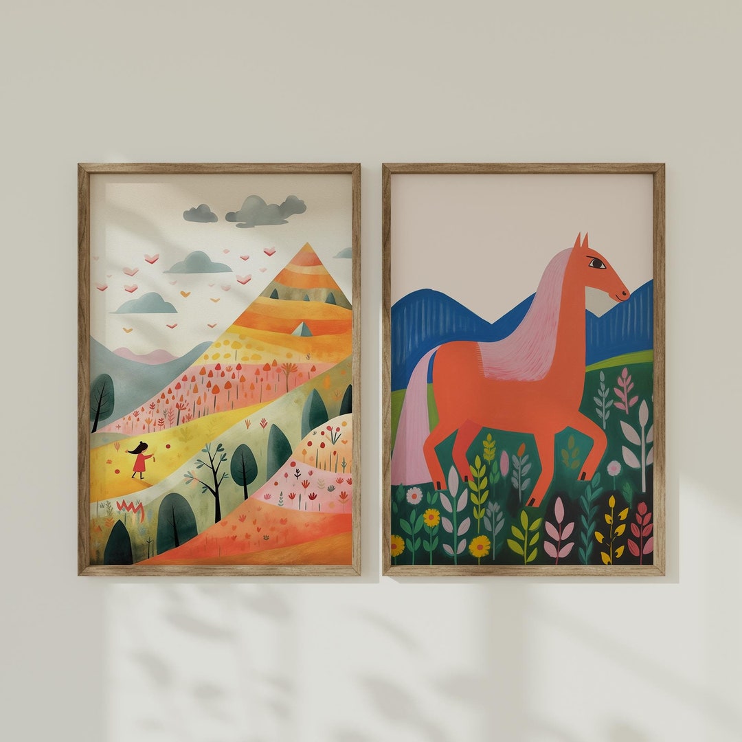Scandi Horse Print Set of 2 Wall Art Prints, Fun Colourful Mountain ...