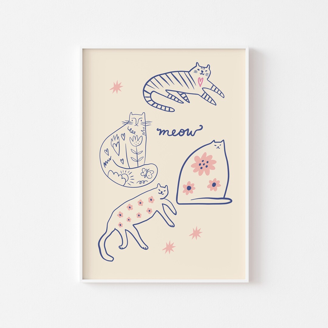 Cat Line Drawing Print - Meow - Etsy