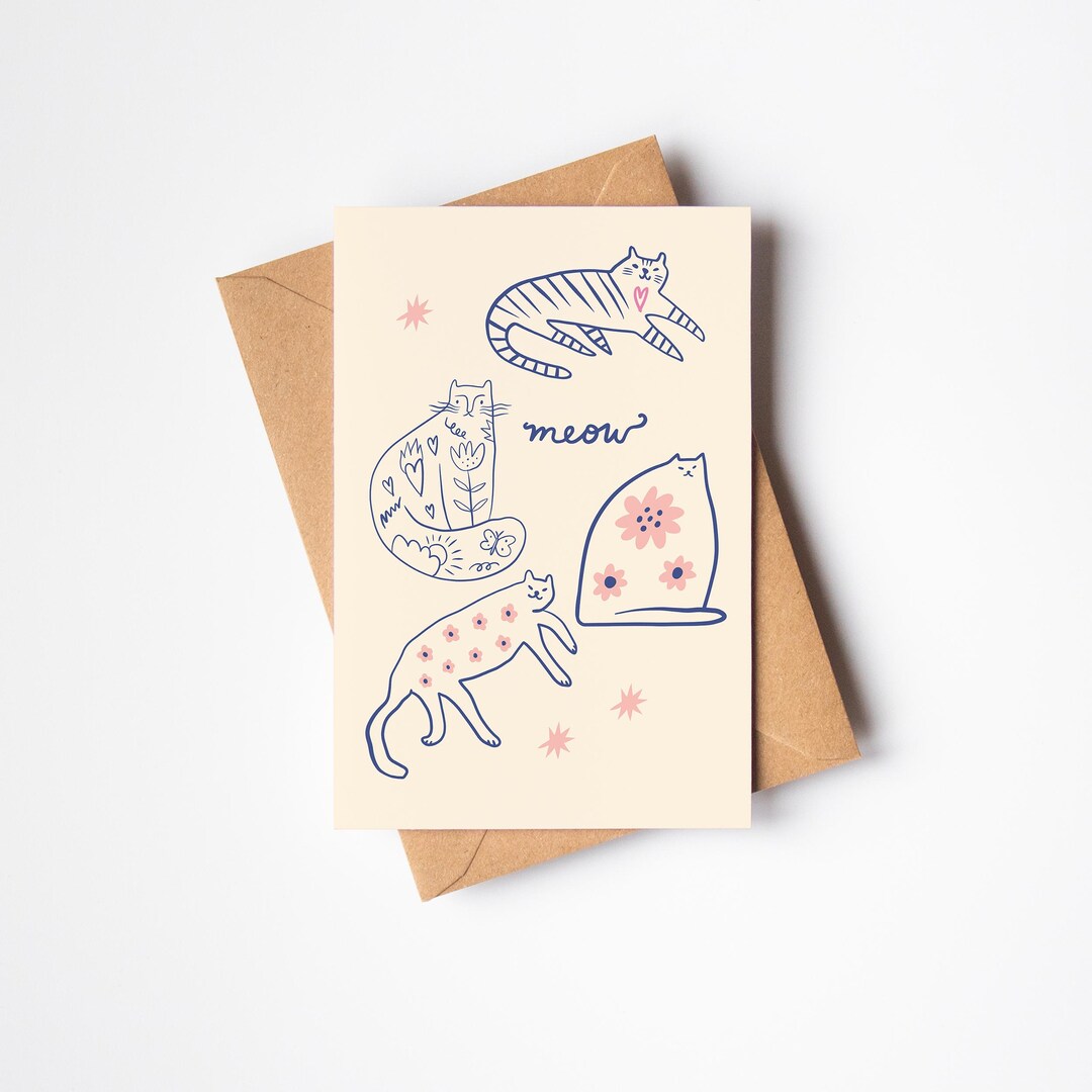 Cat Line Drawing Card - Meow - Etsy