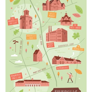 Bournville Map, Bournville Illustrated Map, Birmingham Art, City Map ...
