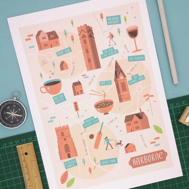 Harborne Map, Harborne Illustrated Map, Harborne Art, Harborne Poster ...