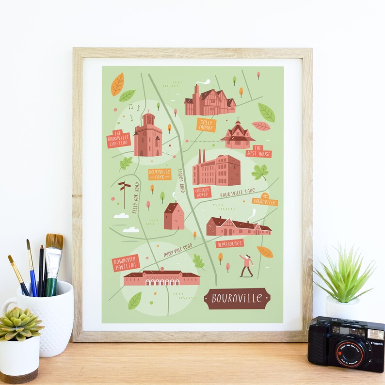Bournville Map, Bournville Illustrated Map, Birmingham Art, City Map ...