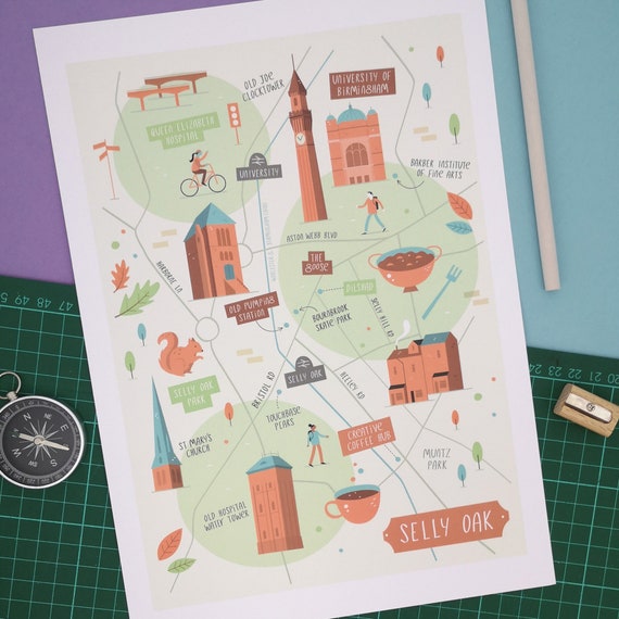 Selly Oak and University of Birmingham Illustrated Map Print - Etsy UK