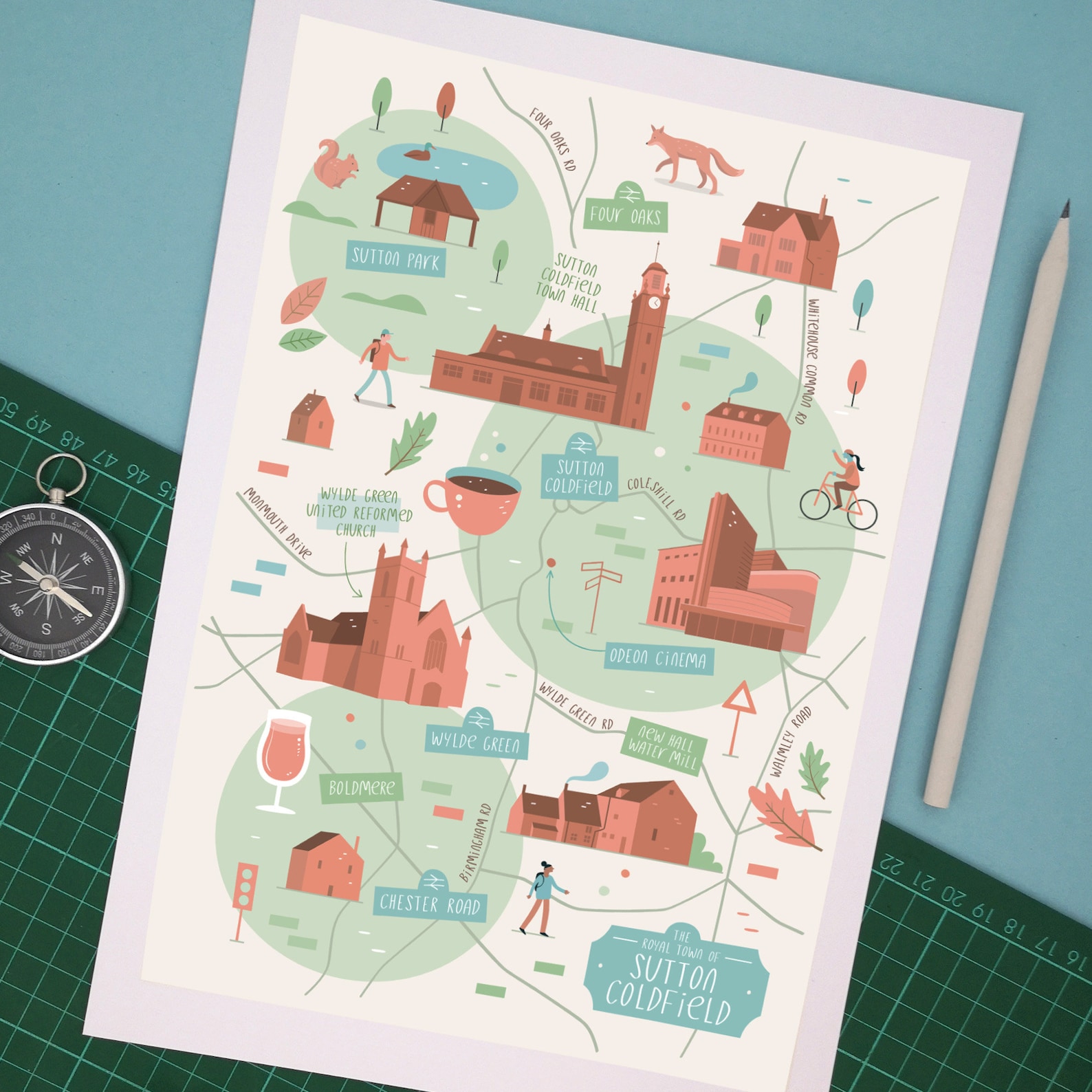 Sutton Coldfield Map, Sutton Coldfield Illustrated Map, Birmingham Art, Birmingham Graphic ...