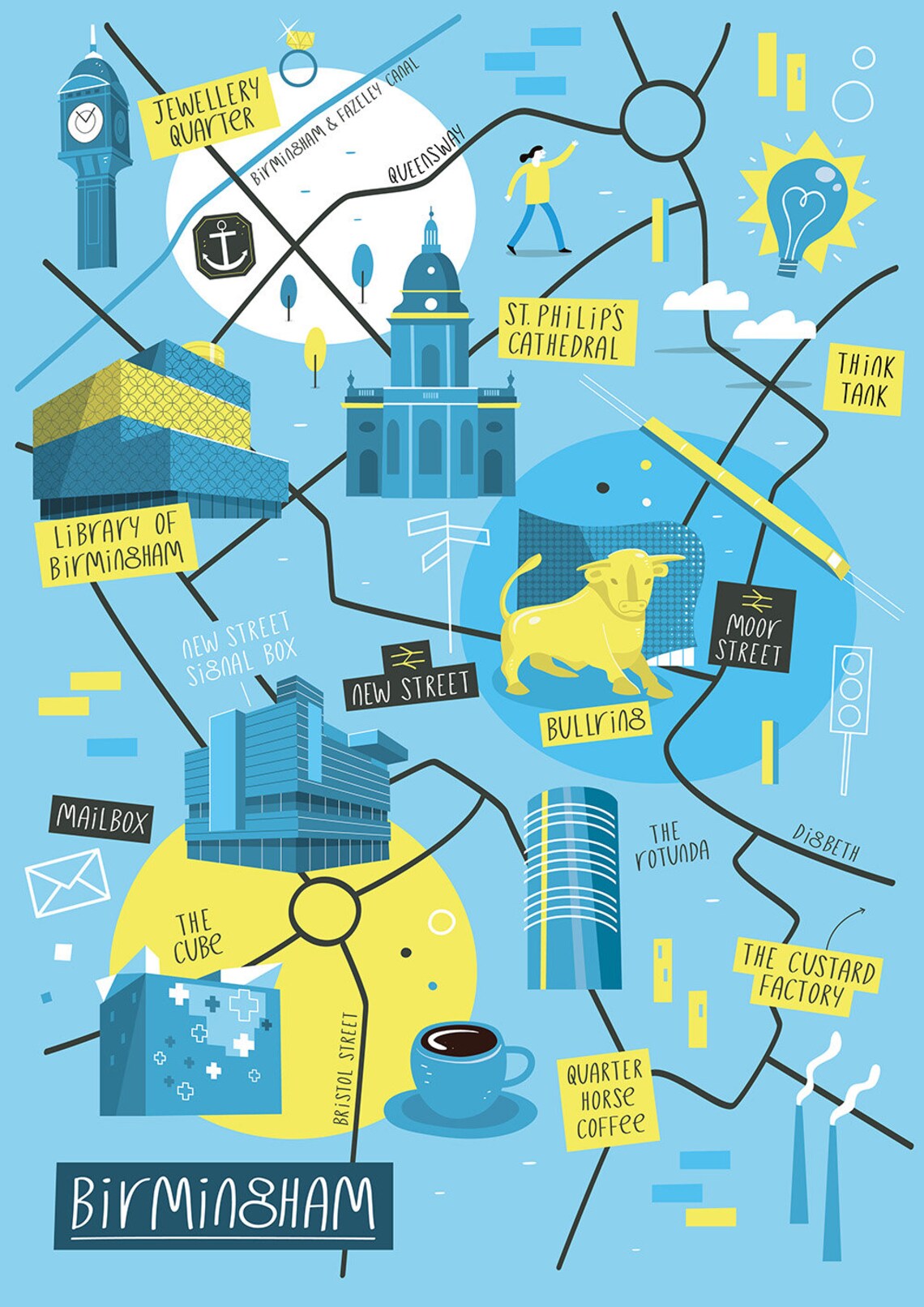 Birmingham Map Blue, Birmingham Illustrated Map, Birmingham Art, City ...