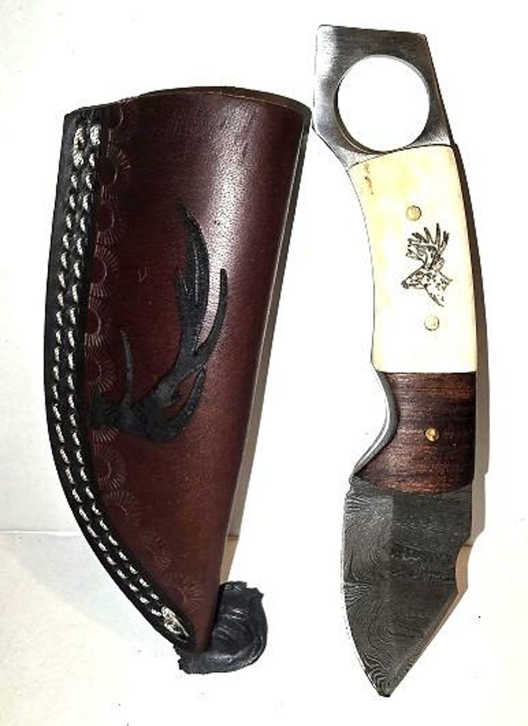 Damascus Knife With Deer Head on Bone Handle - Etsy