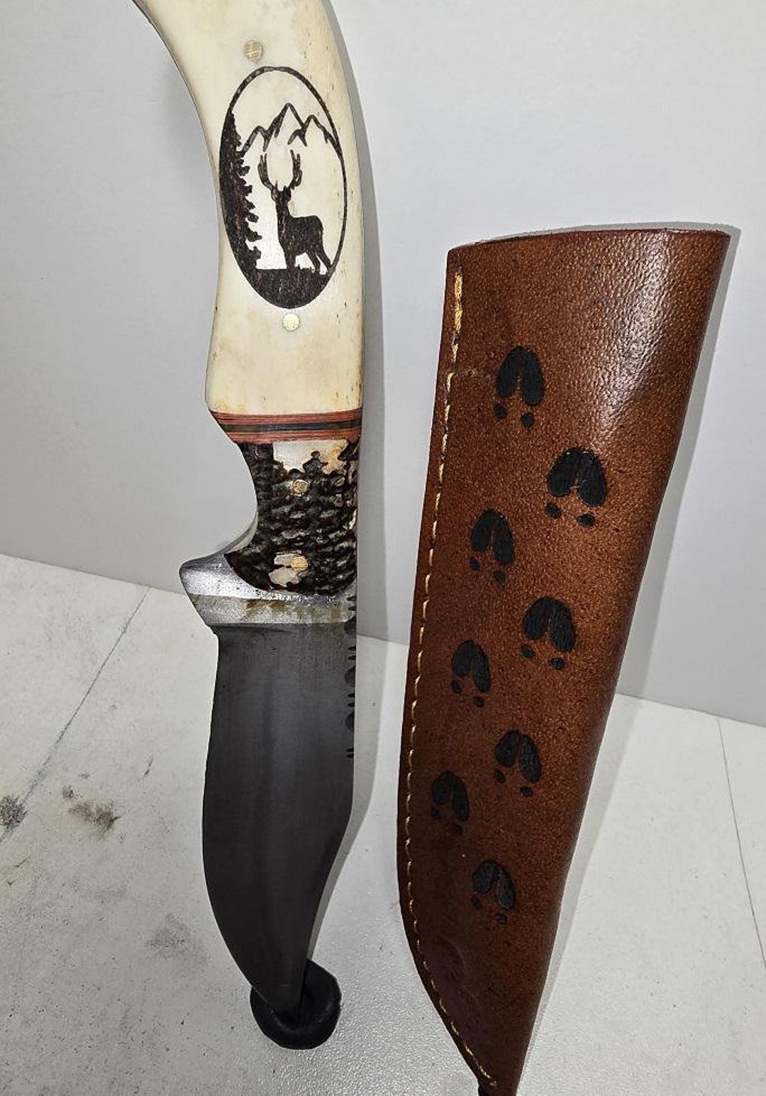 Bone and Stag Handle Knife With Deer Design - Etsy